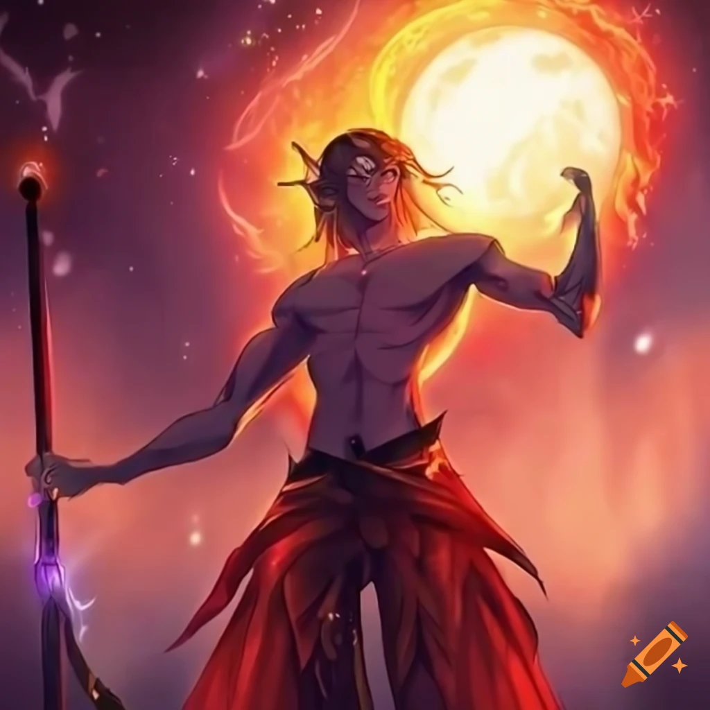 Anime demon elf Ifrit man in a fiery and starry ocean nightmare setting ...