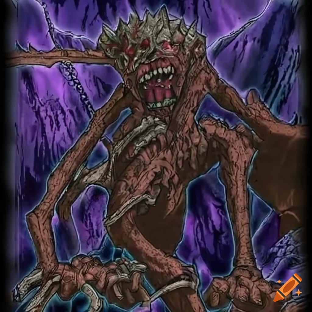 Decaying zombie-like creature emerging from the ground with chains ...