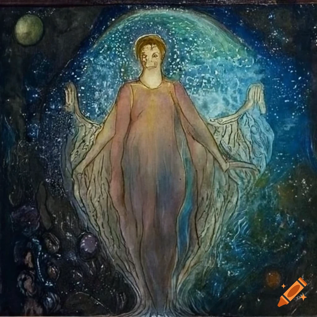 Enlightened spirit walking to hilltop under starry sky with planets on ...