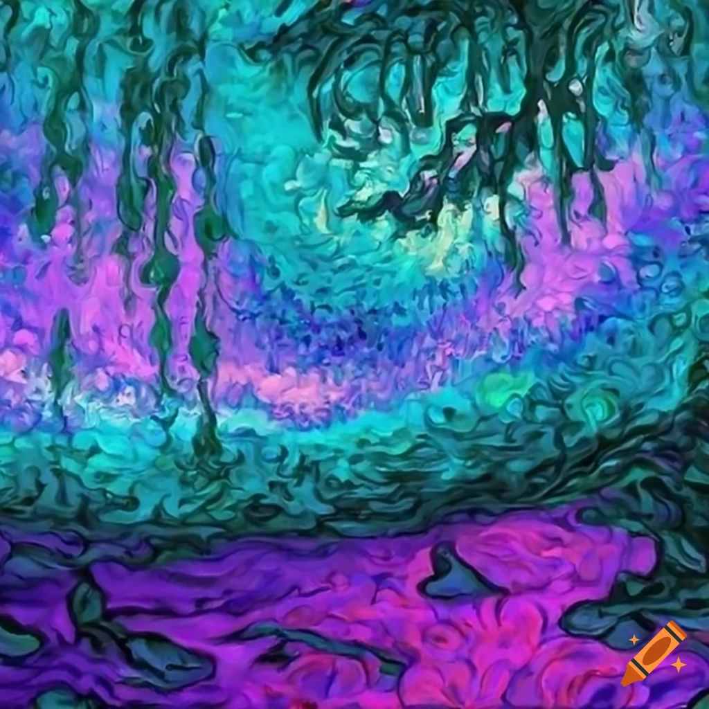 Psychedelic monet-style painting of a purple night sky, blue mountains ...