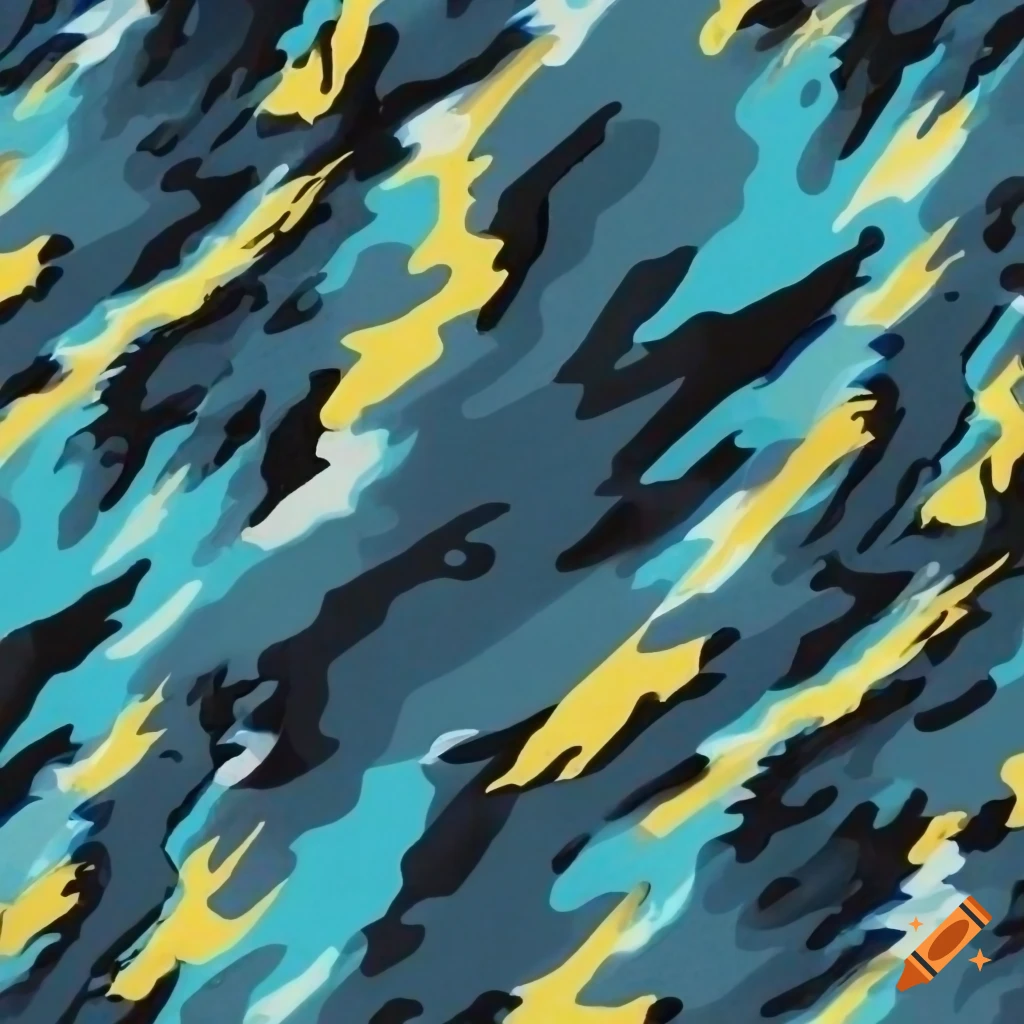 Riptide camouflage pattern in yellow, aqua, blue, navy grey-blue, black ...