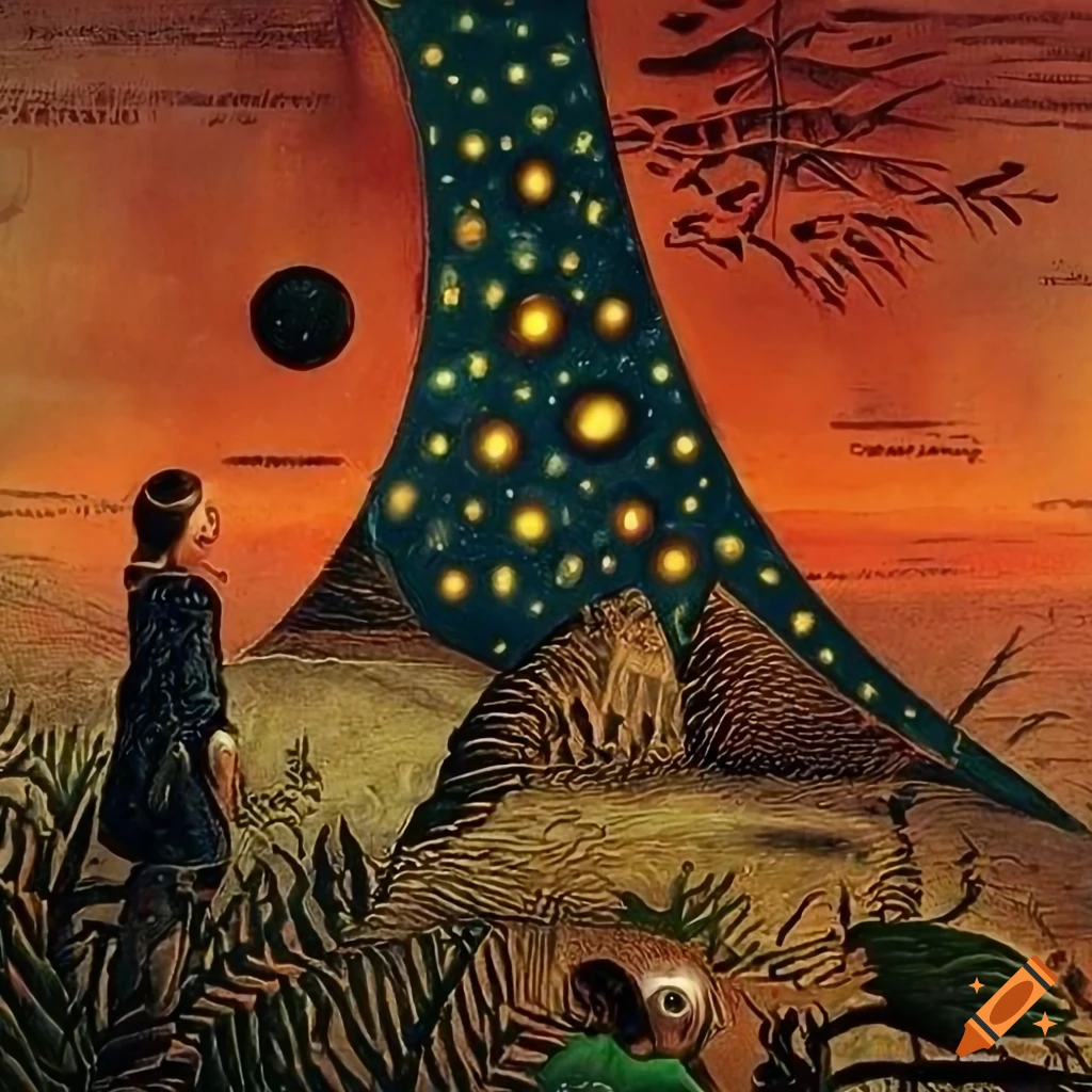 Nonbinary human gazing through celestial veil in science fiction pulp ...