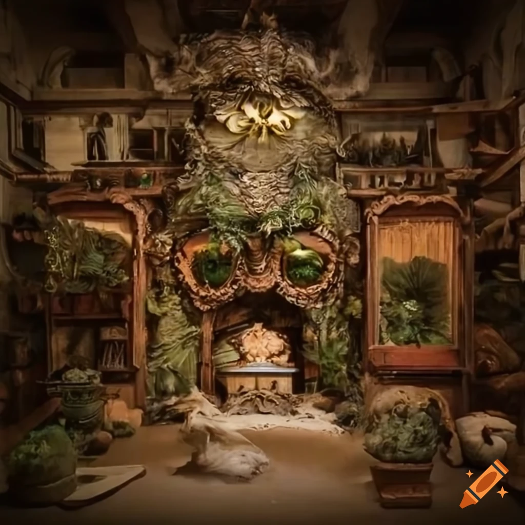 Large ornate owl-themed room with taxidermized owls and potted owl ...