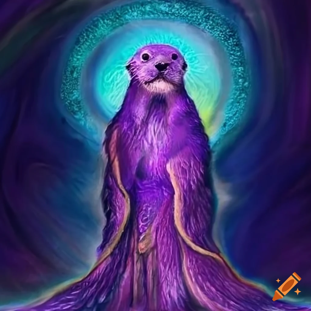 Mythical purple otter in mystical robe with ethereal blue aura on Craiyon