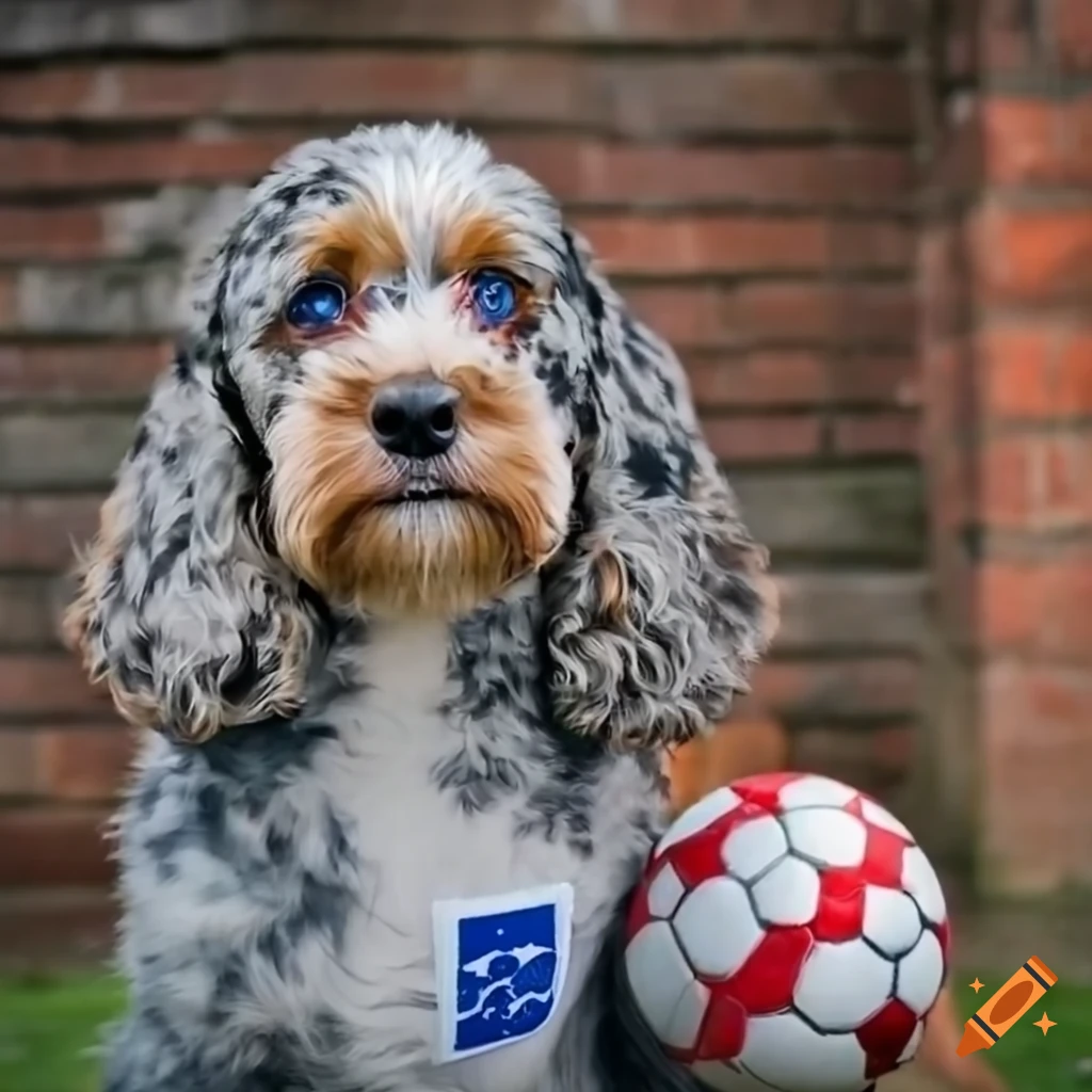 Blue Merle cockapoo in England football T-shirt outside British pub on ...
