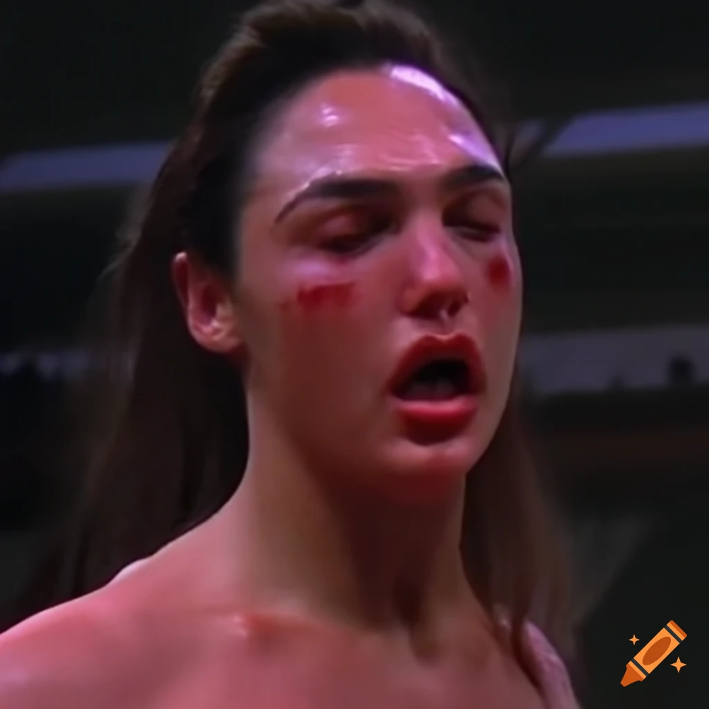 Sweat-drenched defeated female martial fighter in a dramatic moment on ...
