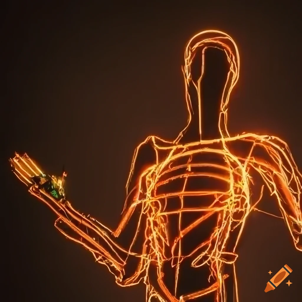 Detailed view of luminous orange lights in geometric forms on a ...