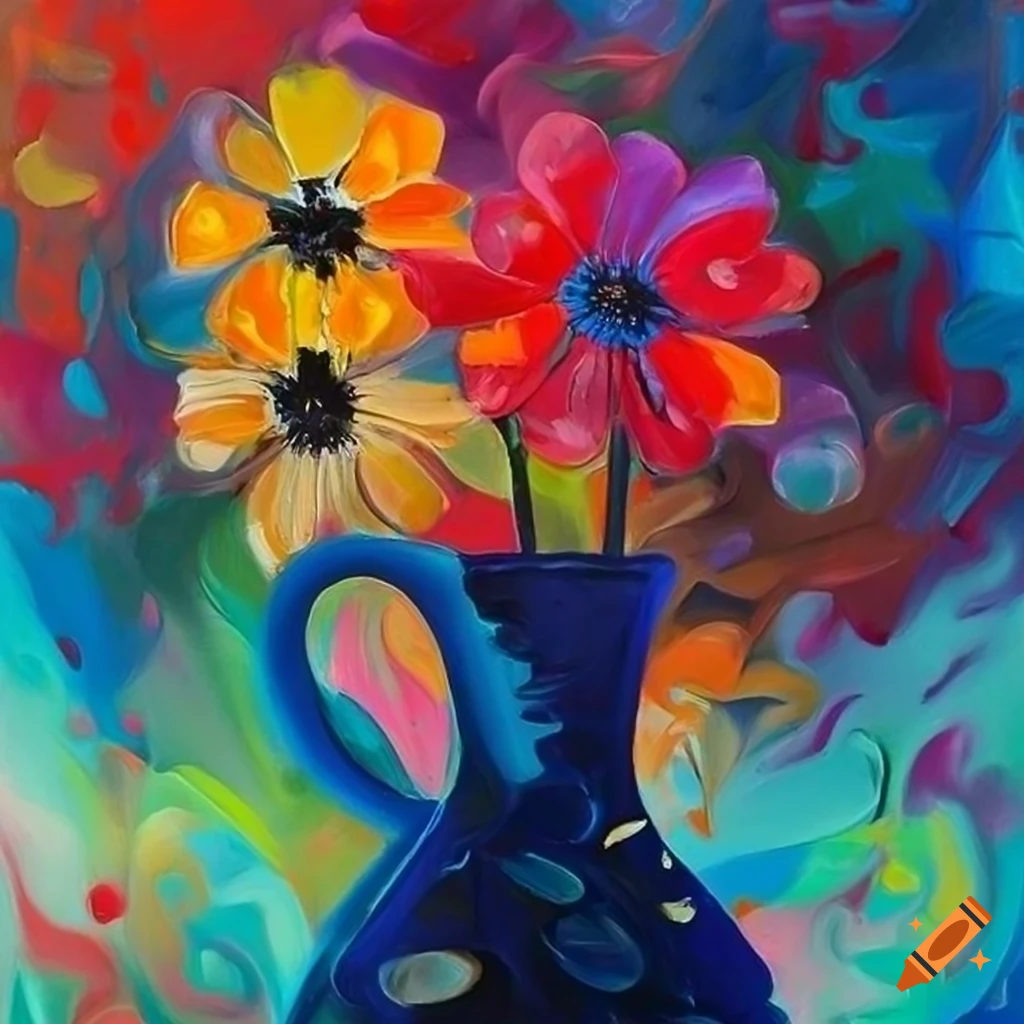 Vibrant abstract art piece of a distorted blooming flower in a pot on ...
