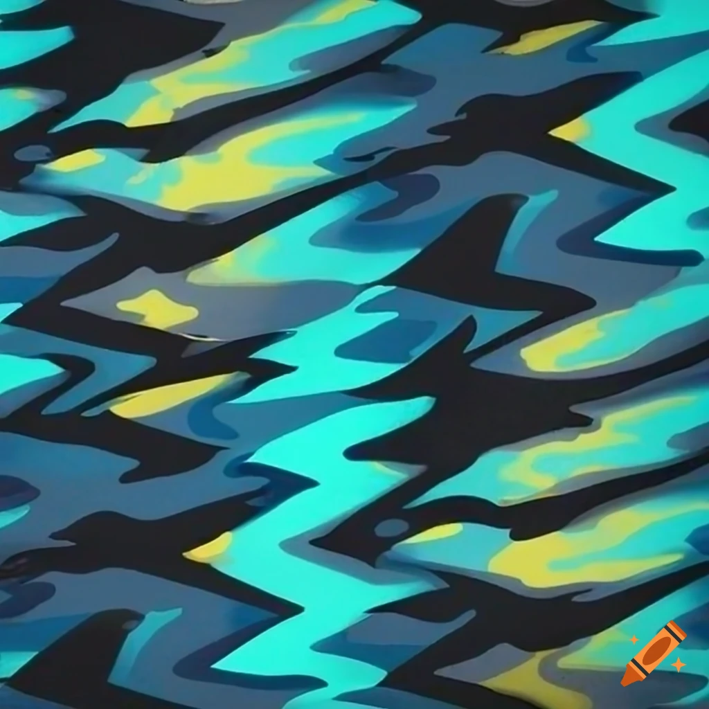 Riptide camouflage pattern with yellow, aqua, blue, navy grey-blue ...