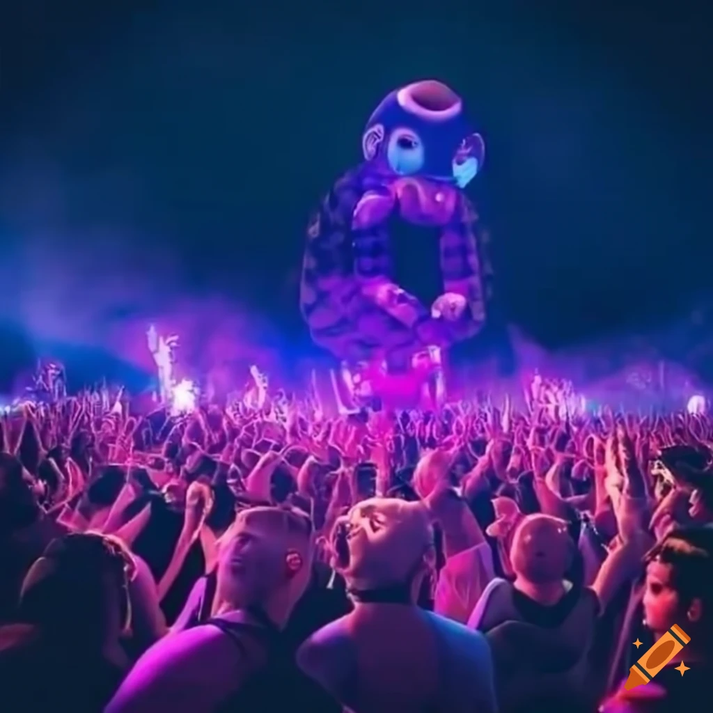 DJ Giggle Gang performing at an EDM festival with a huge crowd and lasers on Craiyon