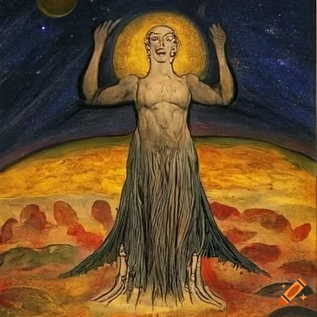 Enlightened spirit walking up hill under starry sky with planets on Craiyon