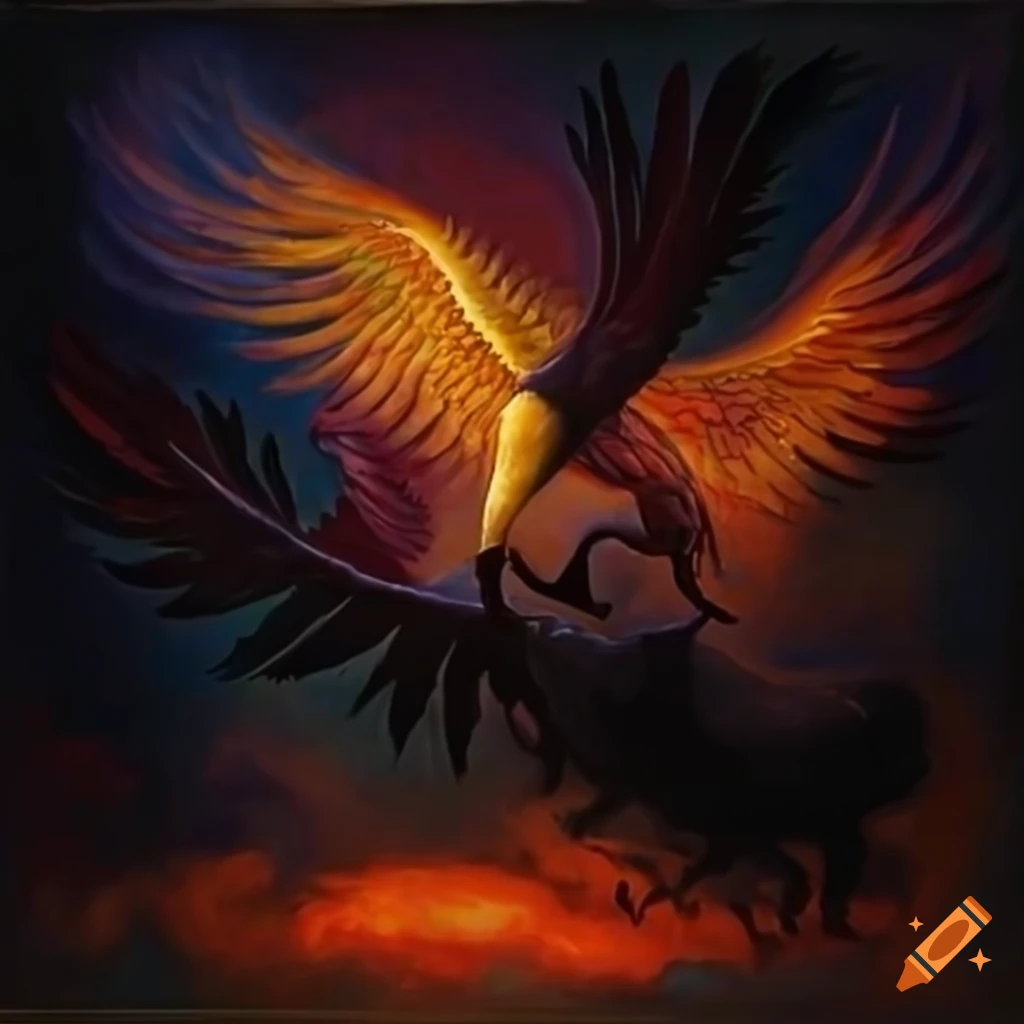 Victorious phoenix in a surreal battle with a bull under a stormy sky ...