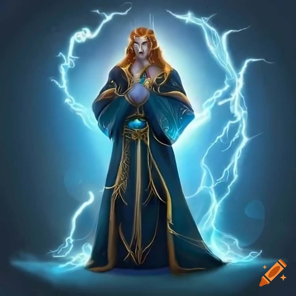 Male elven wizard conjuring elemental powers in magical robe on Craiyon