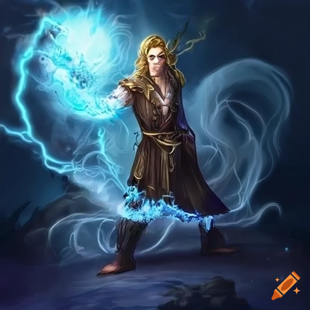 Male elven cleric in colorful magical robe conjuring elemental energies ...