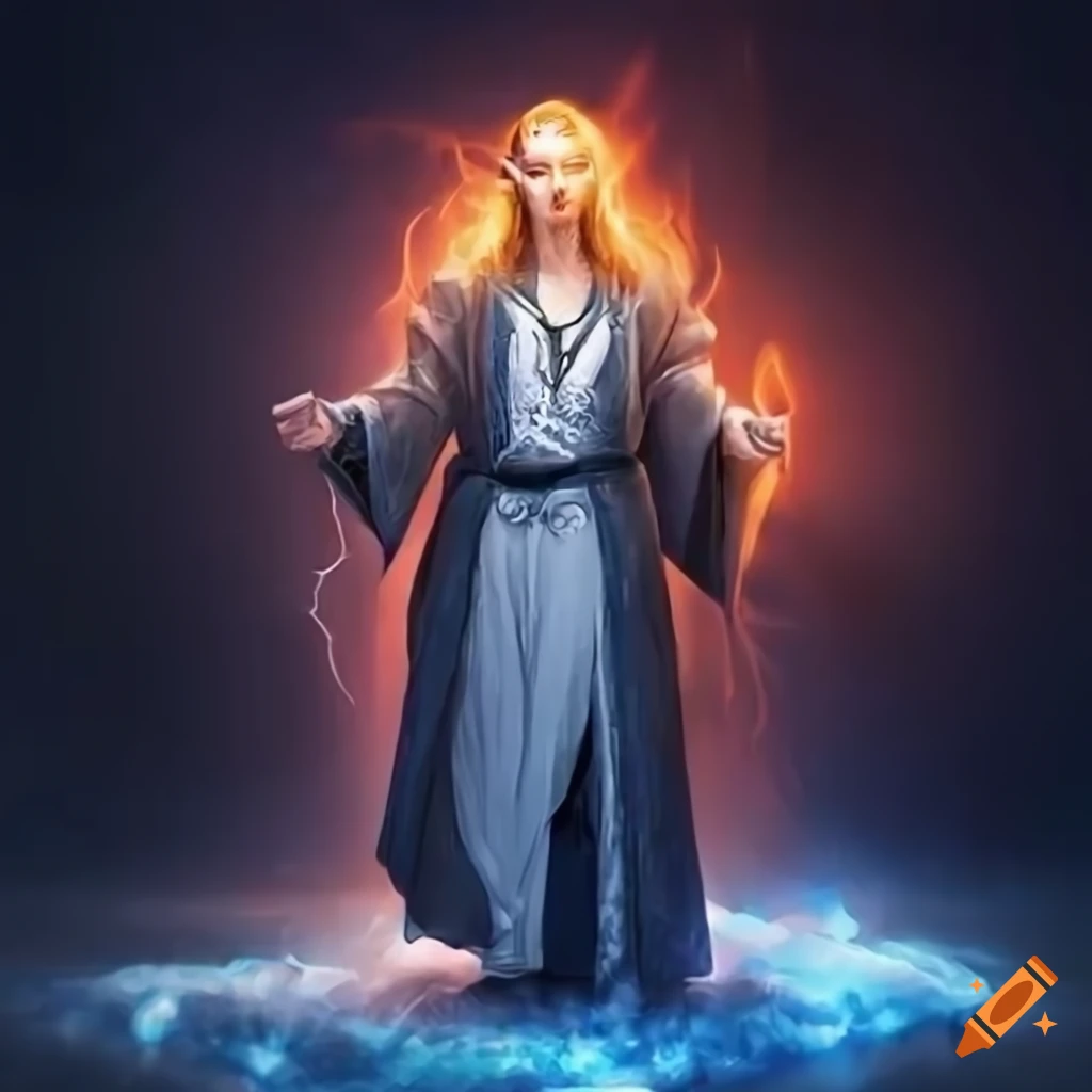 Male elven wizard conjuring elemental energies in a magical robe on Craiyon