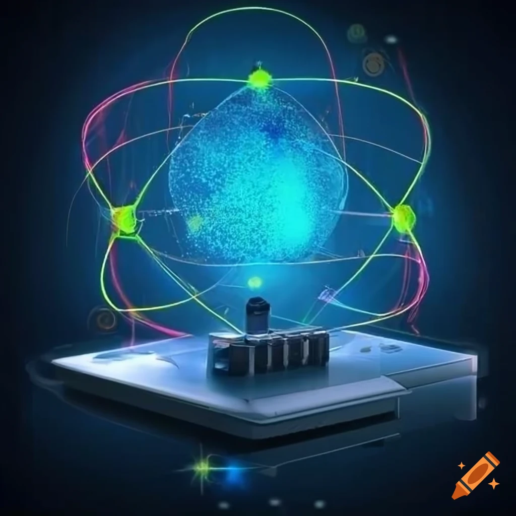 Illustration of a scientific and atomic laboratory with lasers and ...