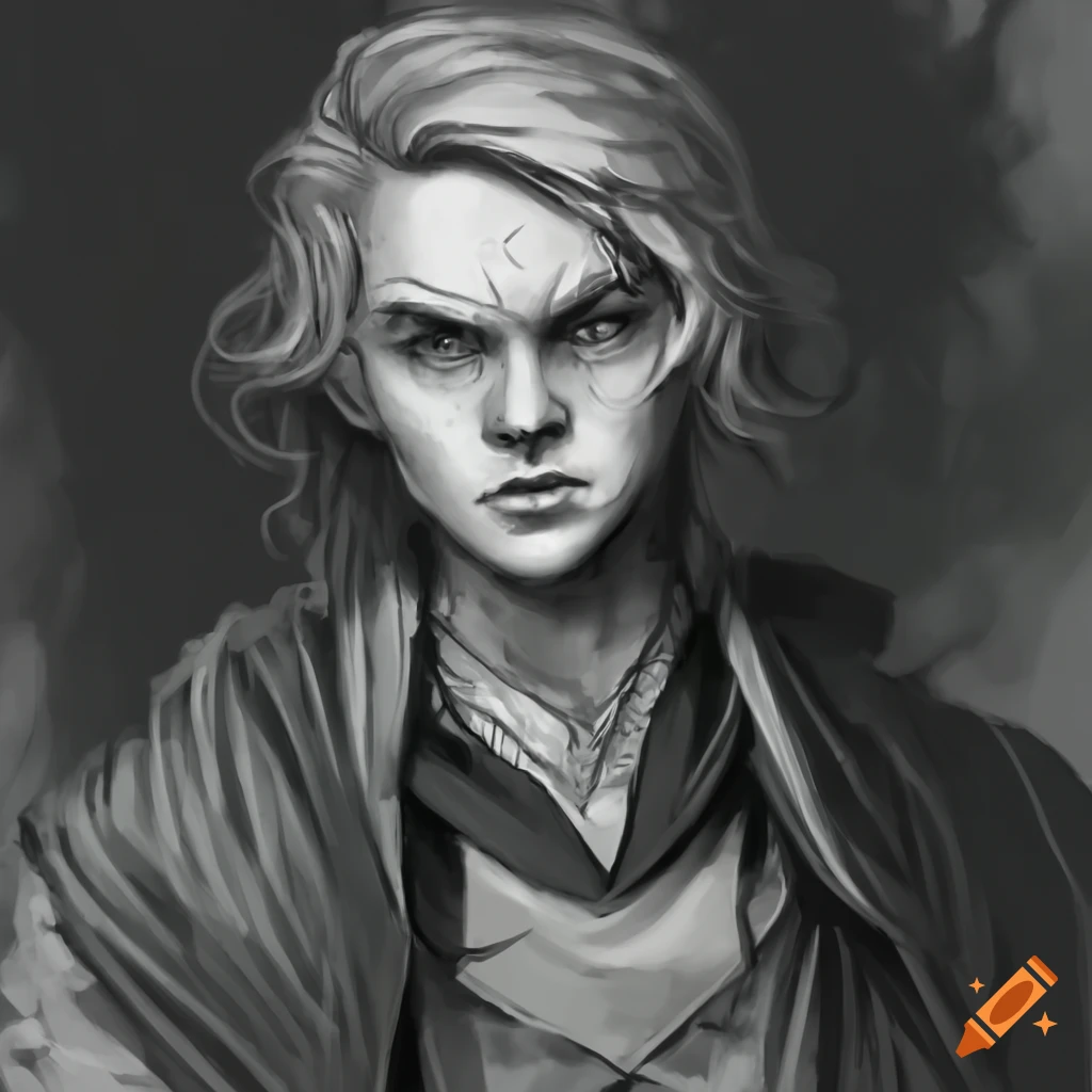 Fantasy black and white sketch of a young male wizard's apprentice in ...