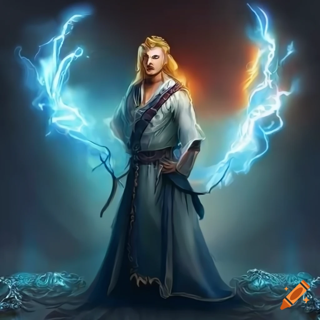 Male elven wizard conjuring elemental energies in a magical setting on ...