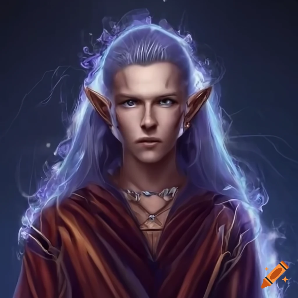 Male elven wizard casting elemental magic surrounded by fire, ice ...