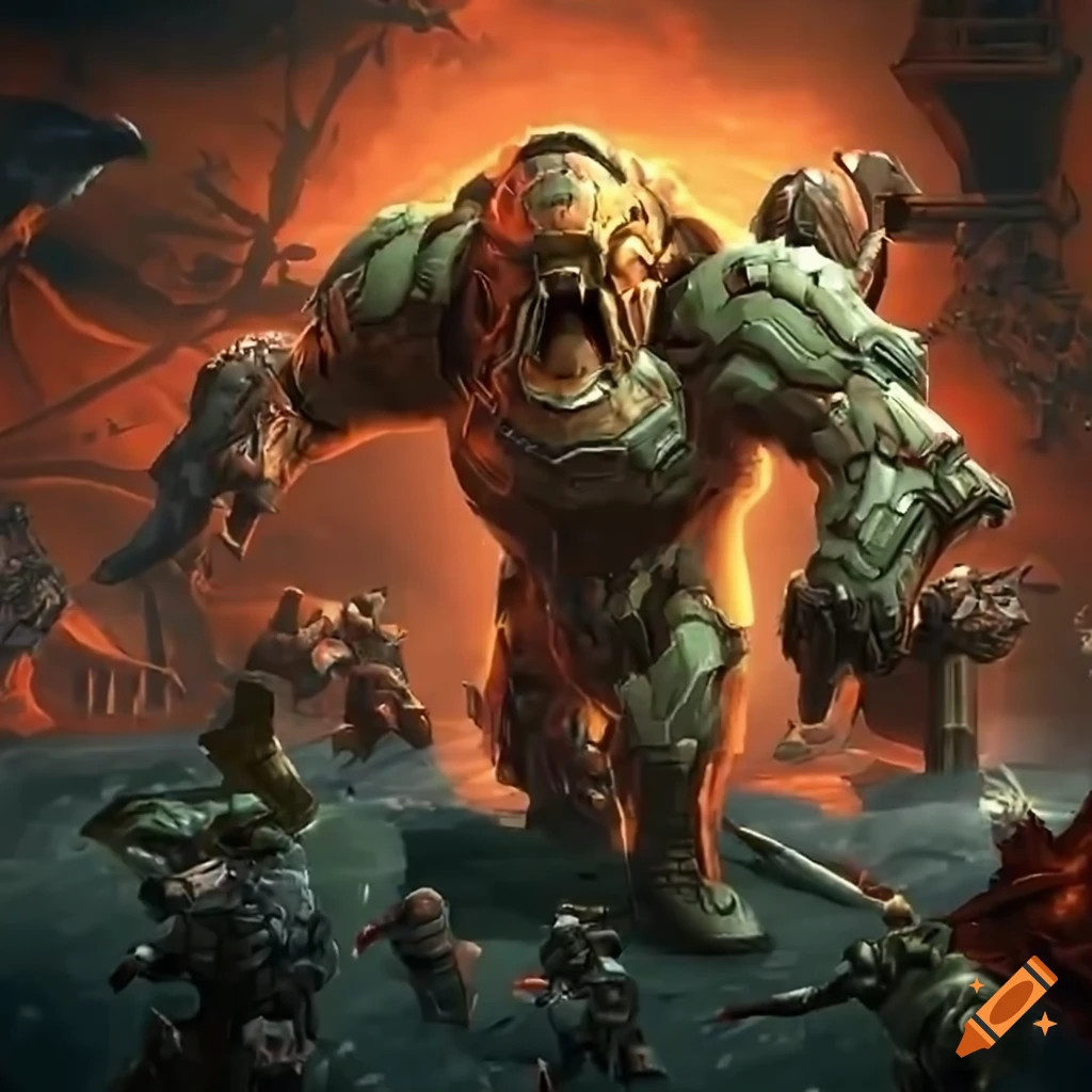 Battle scene in a Doom RTS game with UAC soldiers fighting demons on ...