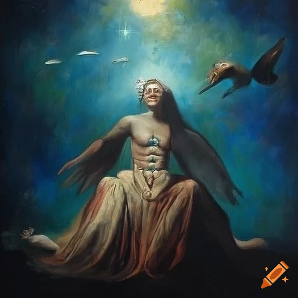 Surrealist painting with Carlos Castaneda and Don Juan Matus in front of a Tapio on Craiyon