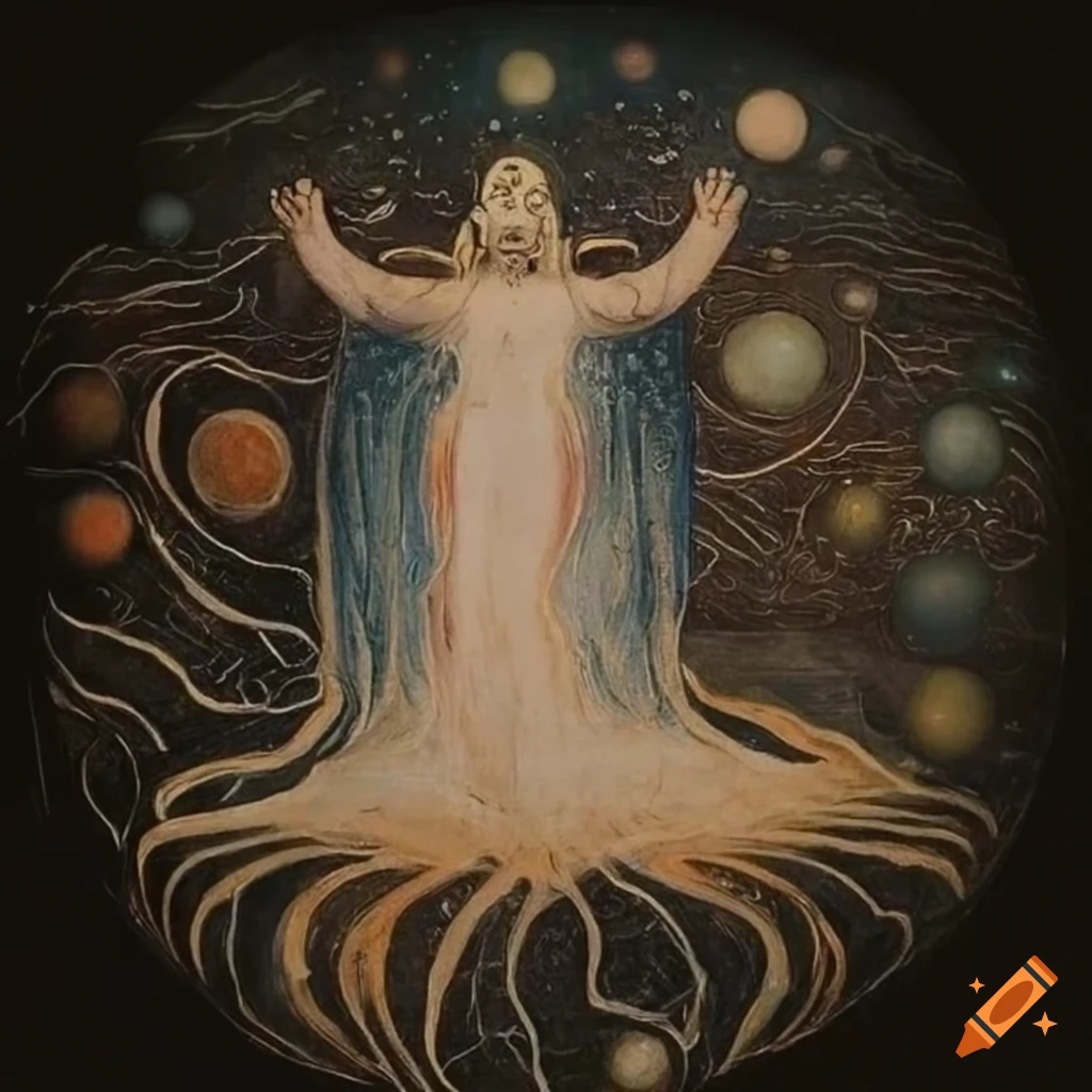 Enlightened spirit walking up hill under starry sky with planets on Craiyon