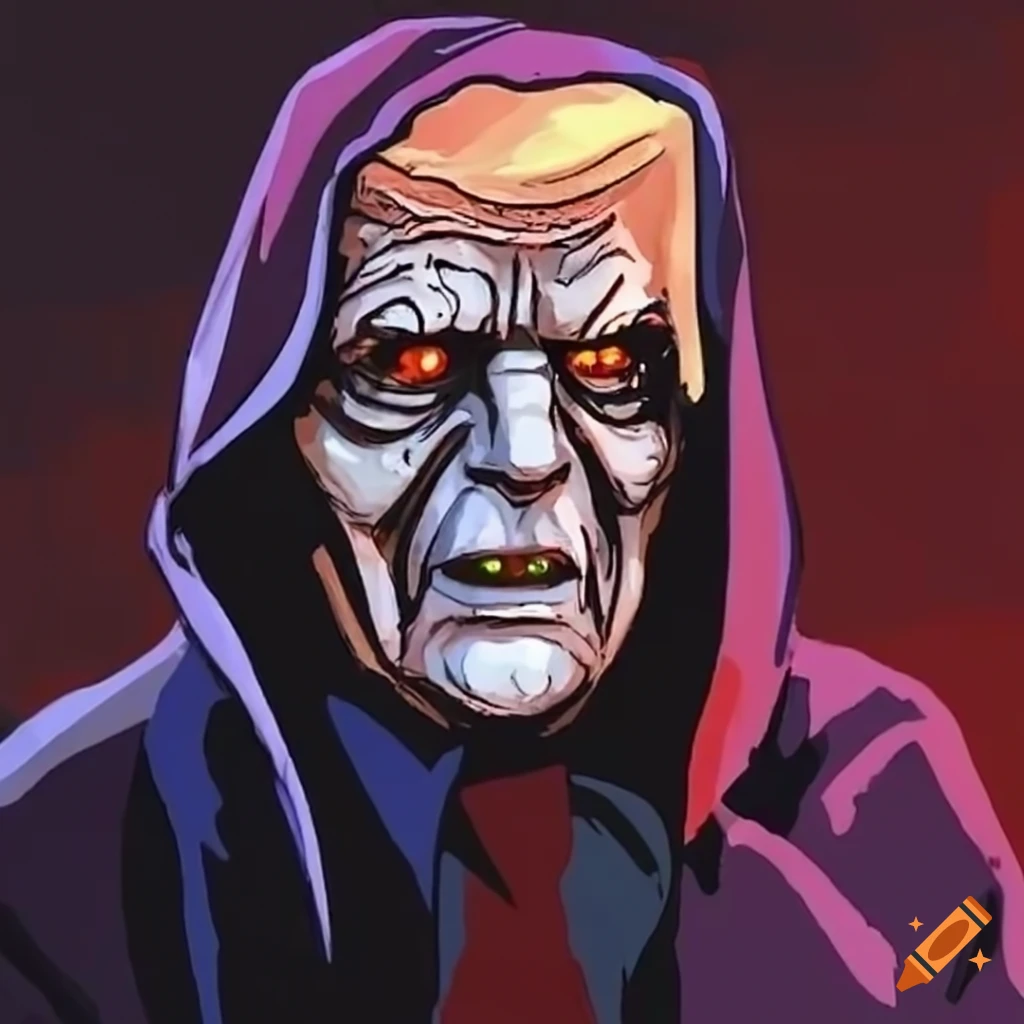 Caricature of a political figure resembling Palpatine in front of a ...