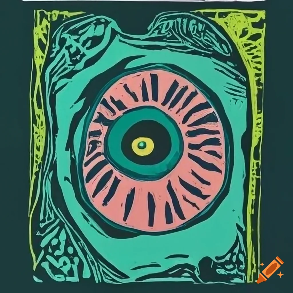 Vibrant lino cut print of underground order with eyeballs on a shaky ...