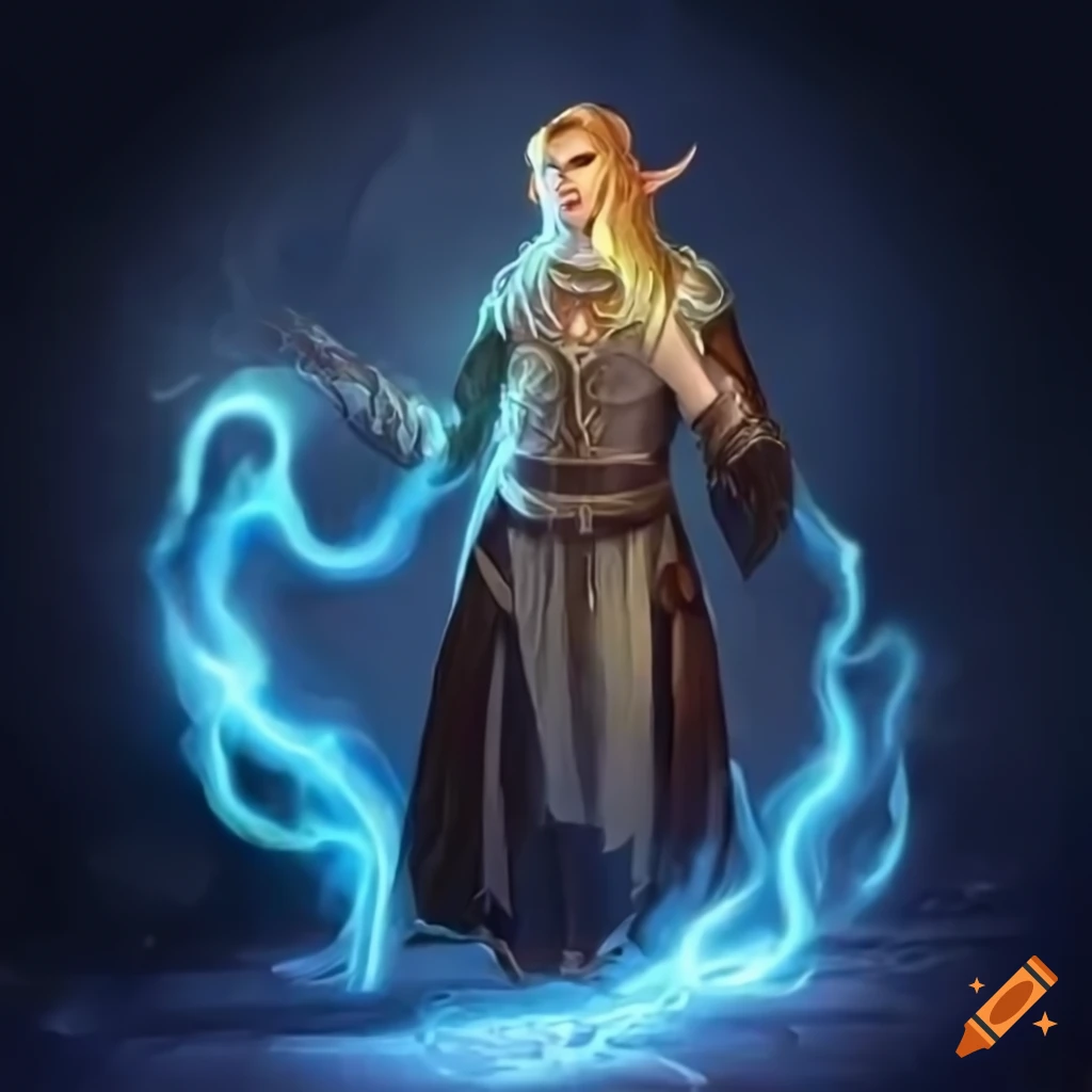 Male elven mage conjuring elemental energies in magical robe on Craiyon