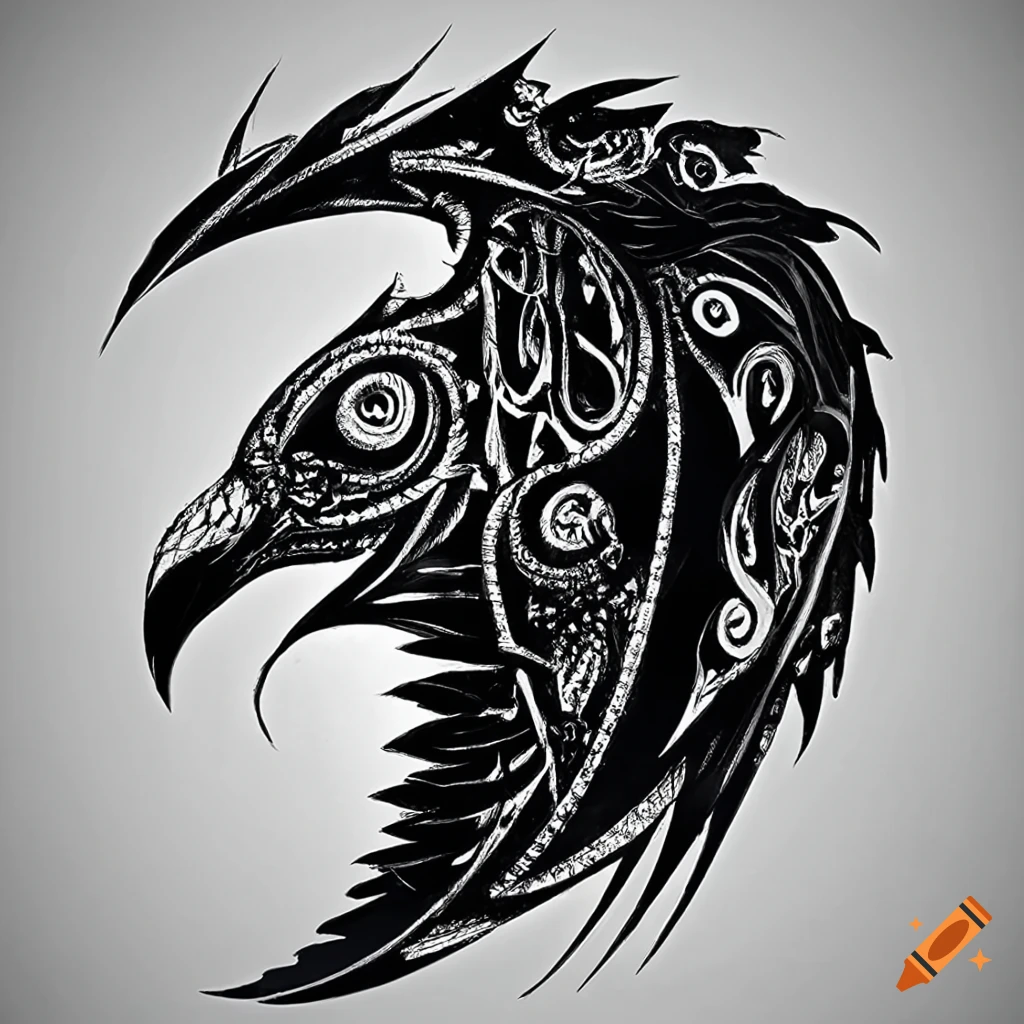 Intricate tribal raven design with dynamic pose and mystical symbols on ...