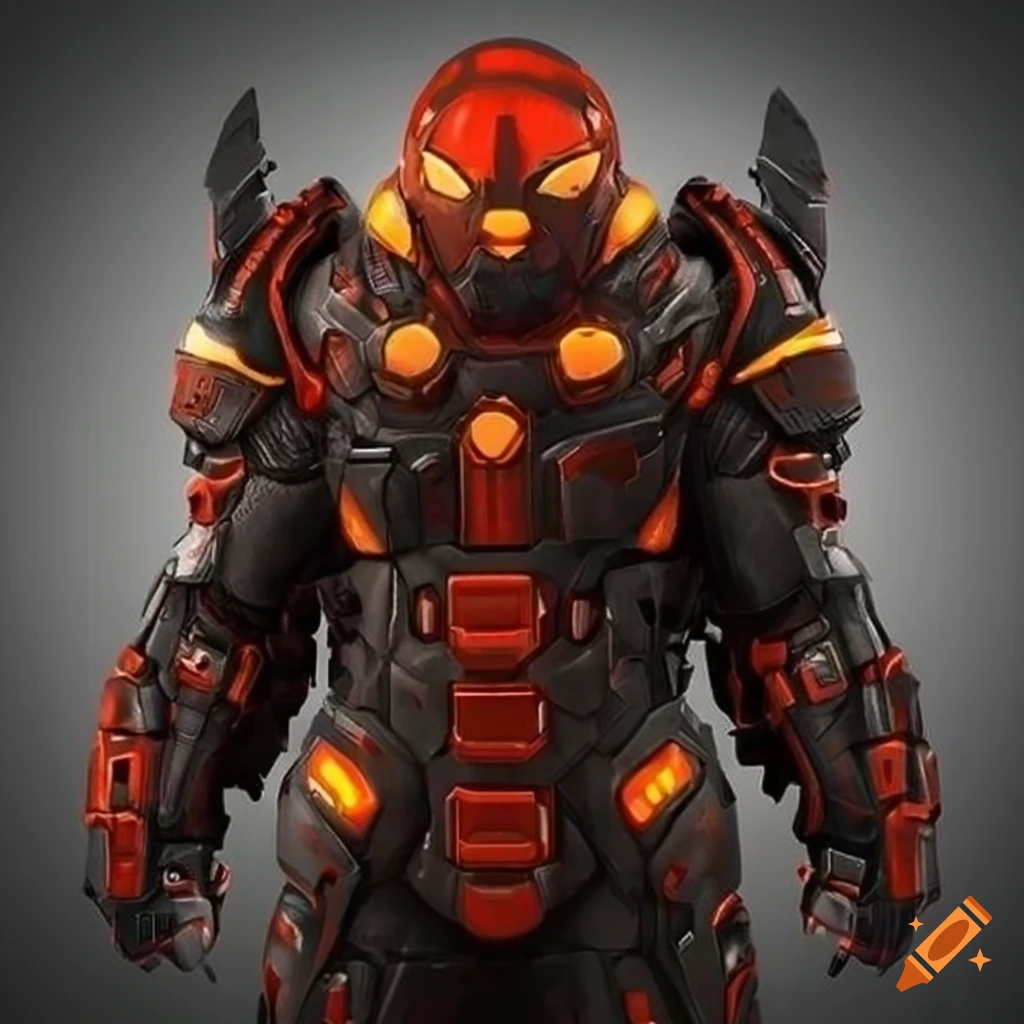 Futuristic juggernaut armor in black and mustard with red highlights on ...