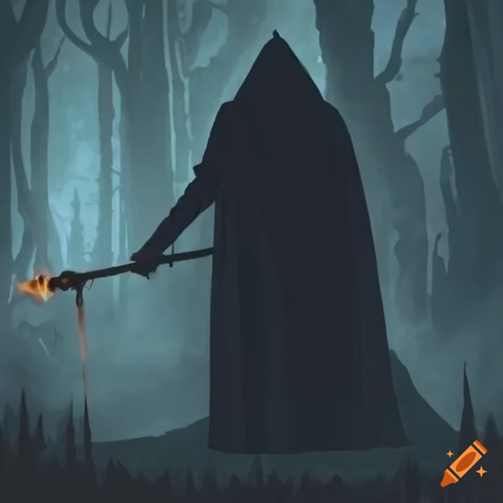 Ancient knight with cloak holding torch and spear in the dark on Craiyon