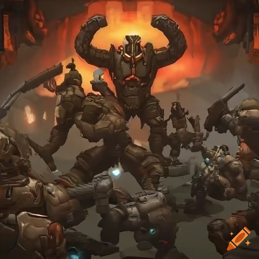 Battle scene in a doom rts game with uac soldiers fighting demons on ...