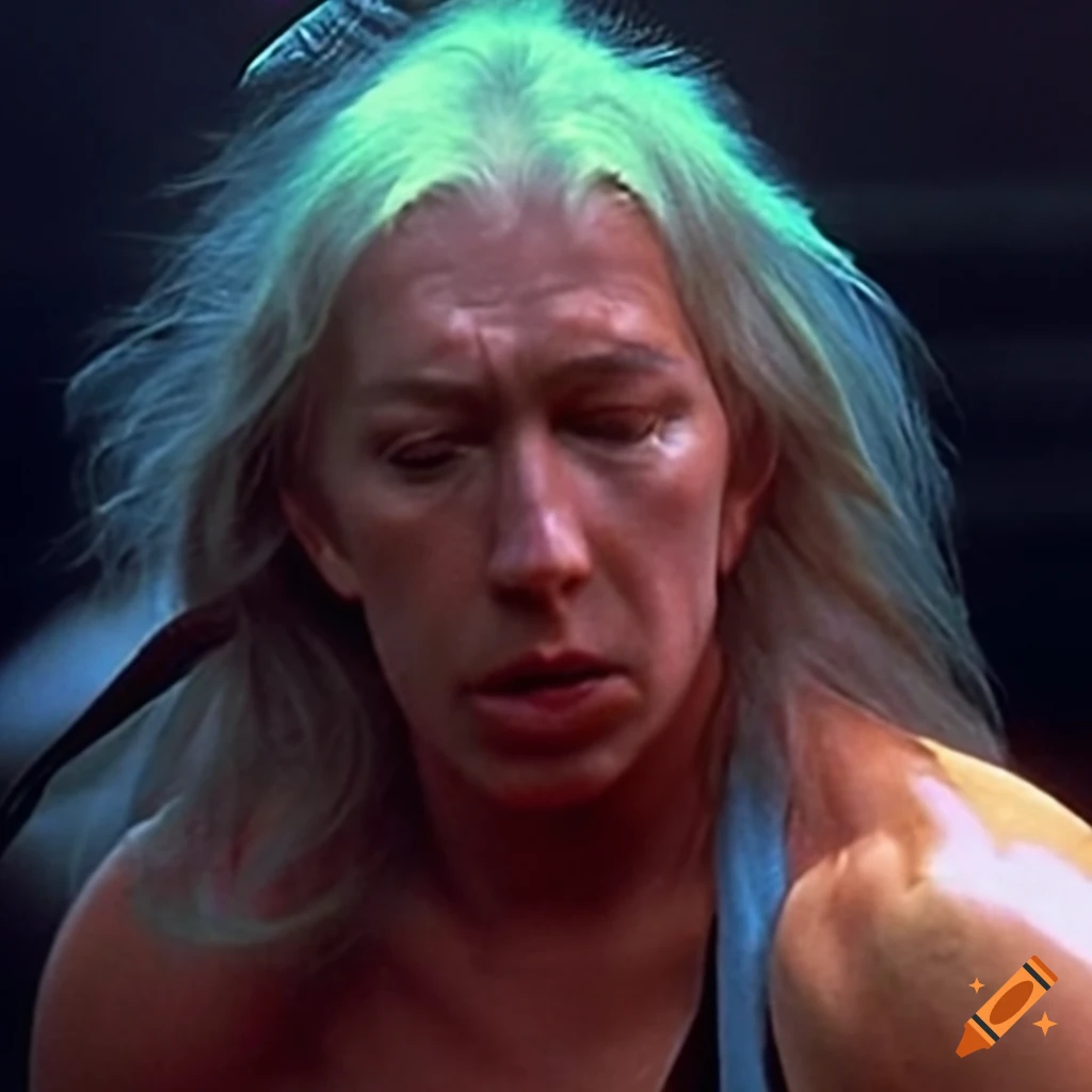 Intense and dramatic closeup of a female martial fighter in an 80's ...