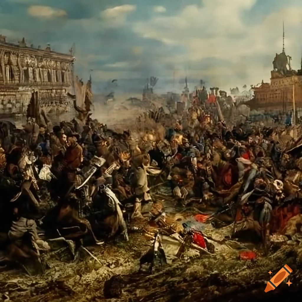 Battle scene with people fighting against the backdrop of a city in ...