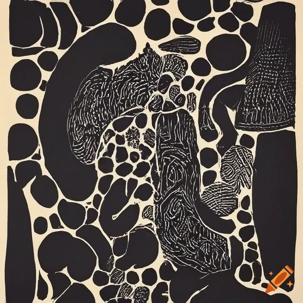 Intricate linoleum block print with bold geometric patterns on Craiyon