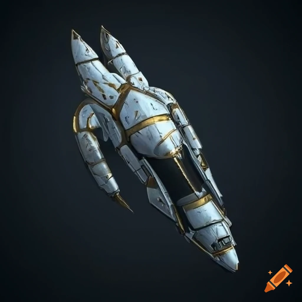 Intricately detailed retrofuturistic spaceship with matte white armor ...