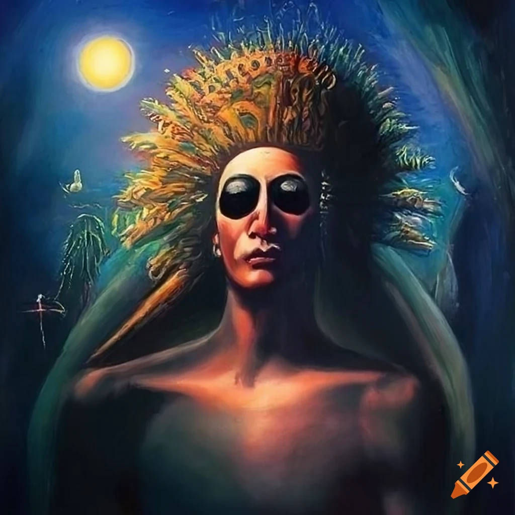 Surrealist painting with Carlos Castaneda and Don Juan Matus in front of a Tapio on Craiyon