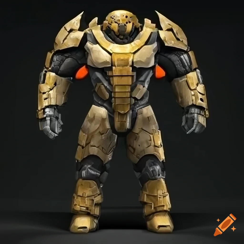 Futuristic juggernaut armor with black and mustard color scheme on Craiyon