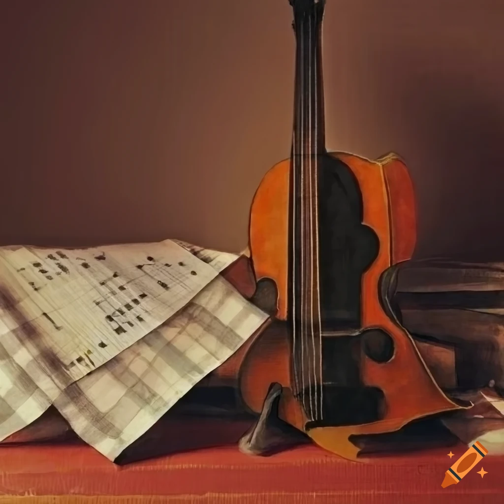 Modern still life with musical instruments, notes, piano, fabric ...
