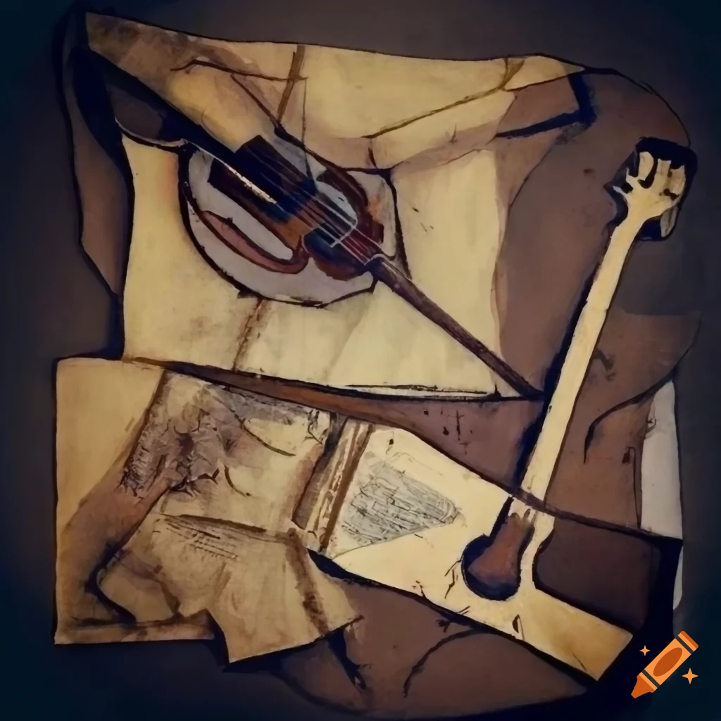 Modern still life with musical instruments, notes, dishes, and books in ...