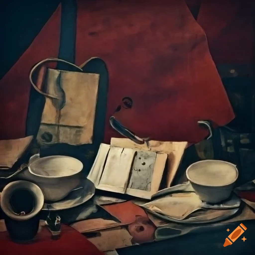 Modern still life with musical instruments, notes, dishes, and books in ...