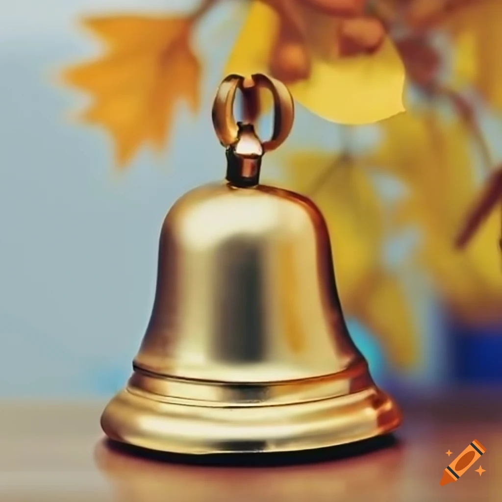 Golden school bell with blue and yellow ribbon and autumn flowers on ...