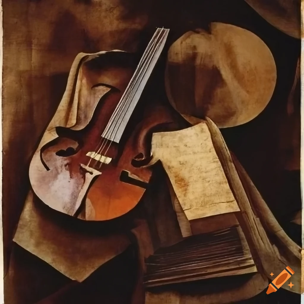 Modern still life with notes, dishes, books in a cubism style on Craiyon