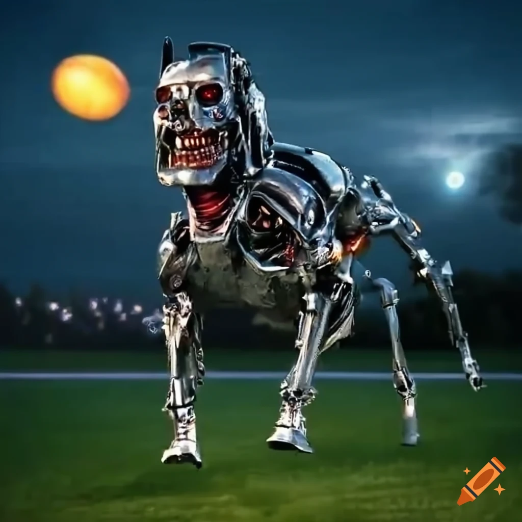 Terminator Dog chasing frisbee in a night park on Craiyon