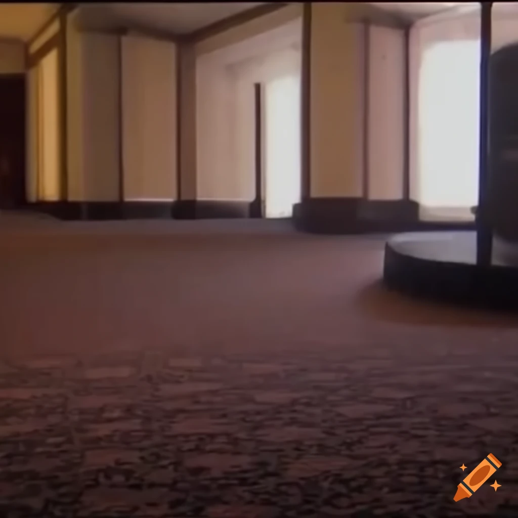 Liminal space in an old rundown hotel lobby captured on camcorder on ...