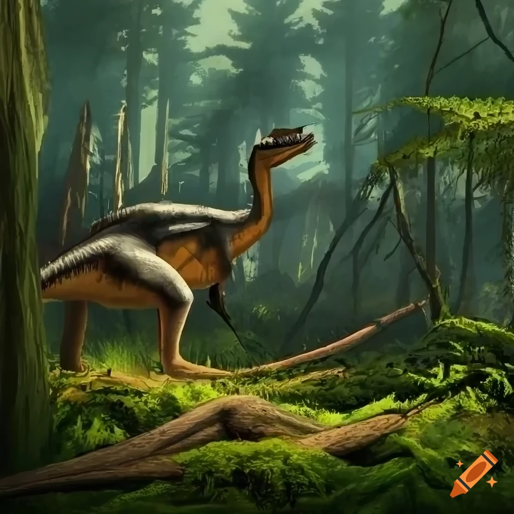 Grey and brown hadrosaurus dinosaurs in a cedar forest clearing on Craiyon