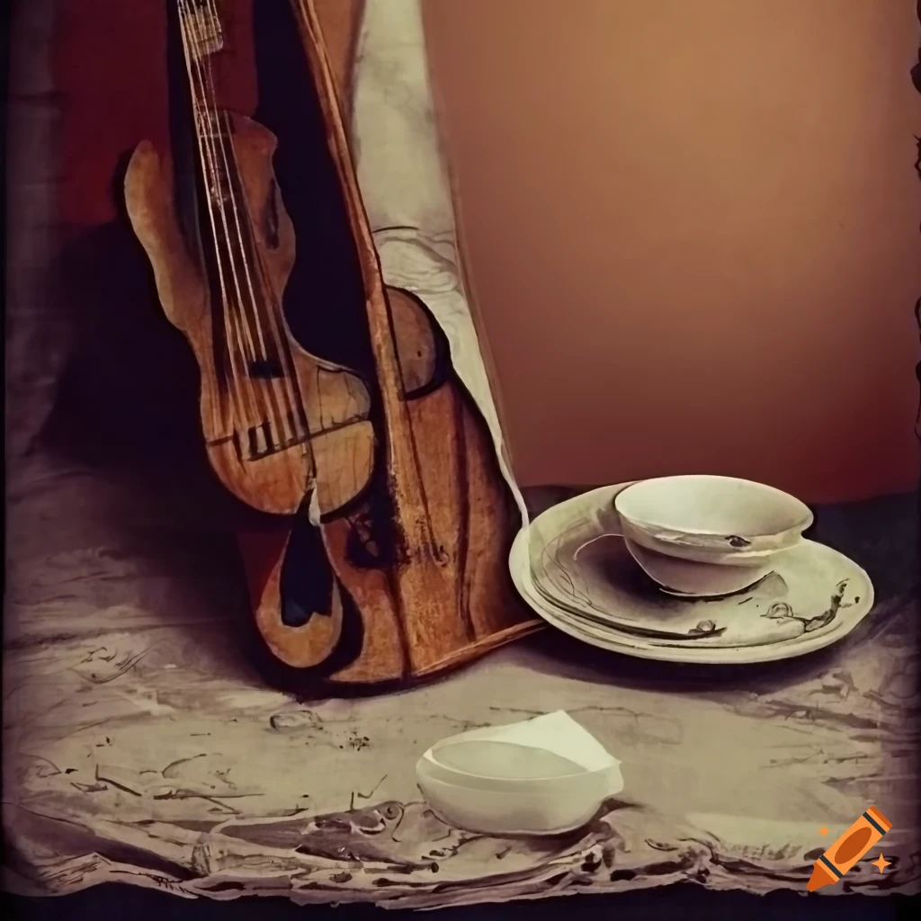 Still life with fabric, musical instruments, notes, dishes, books, and ...