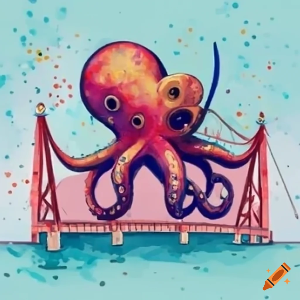 Puck antitrust octopus attacking Golden Gate Bridge with monopoly man ...