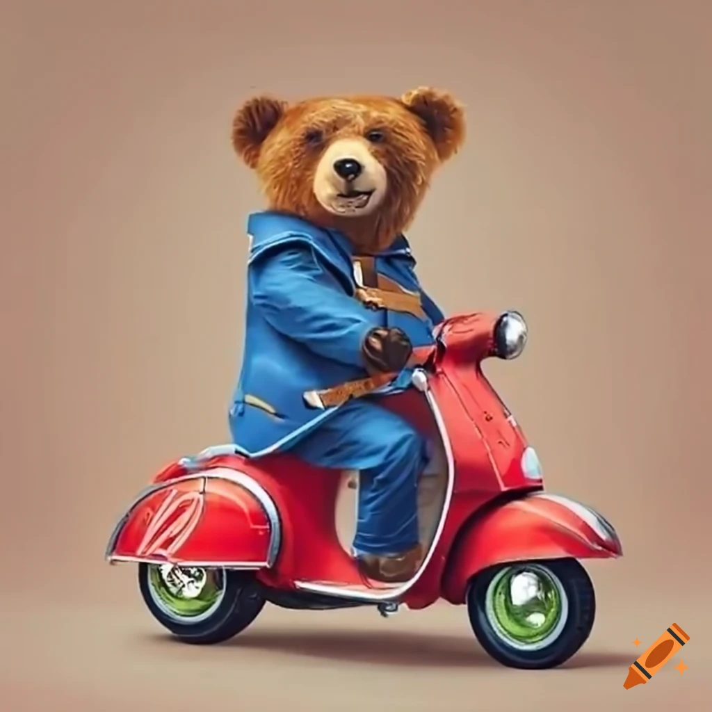 Paddington bear riding a Vespa scooter on Craiyon